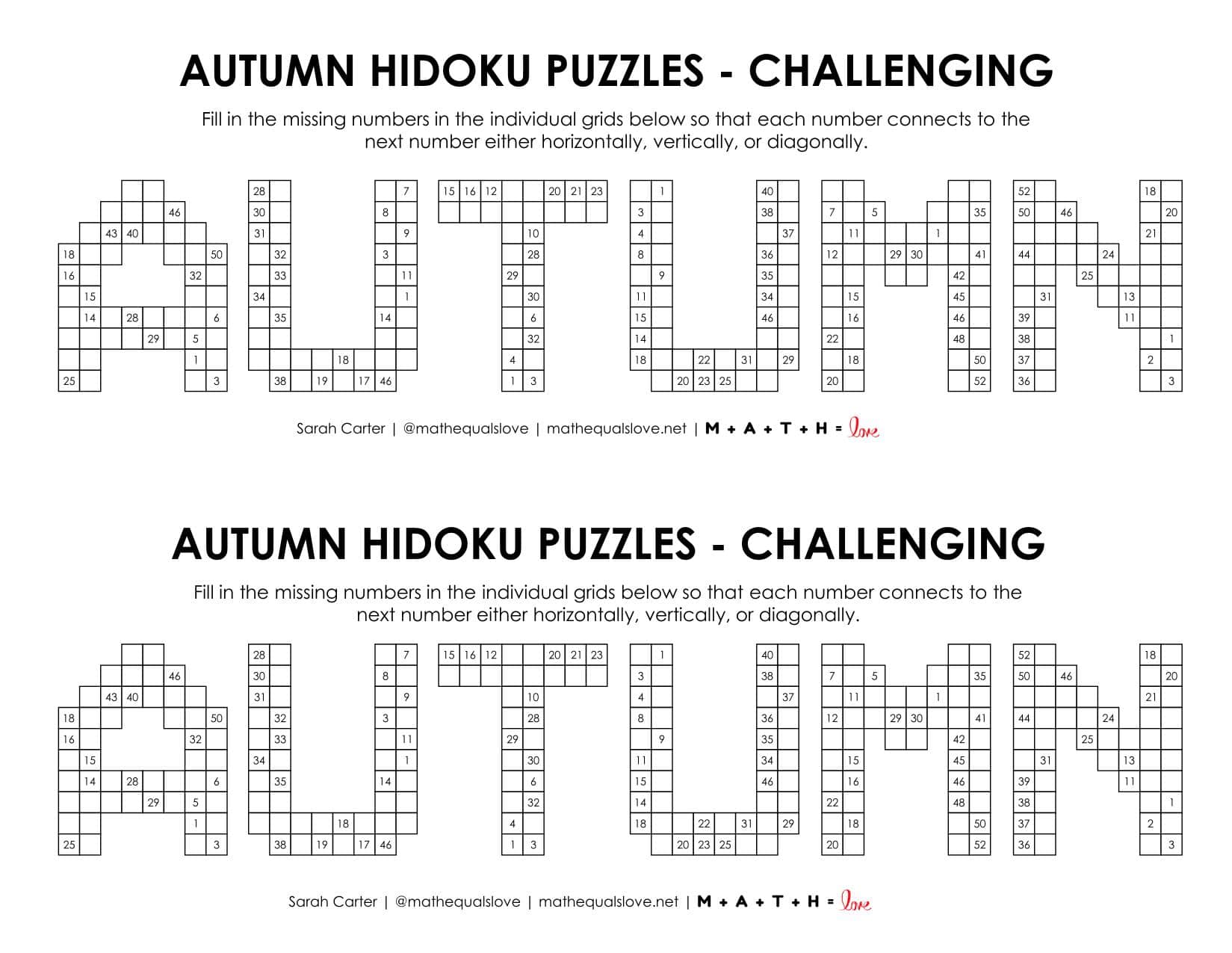 Autumn Hidoku Puzzles | Math = Love