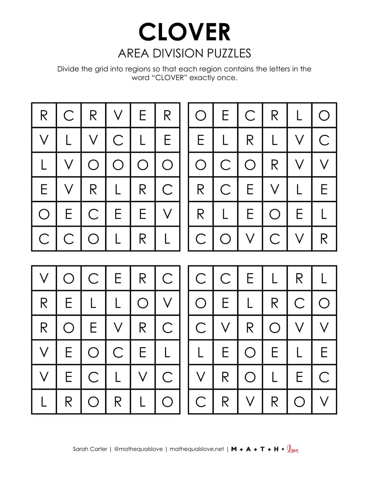 Clover Area Division Logic Puzzles | Math = Love