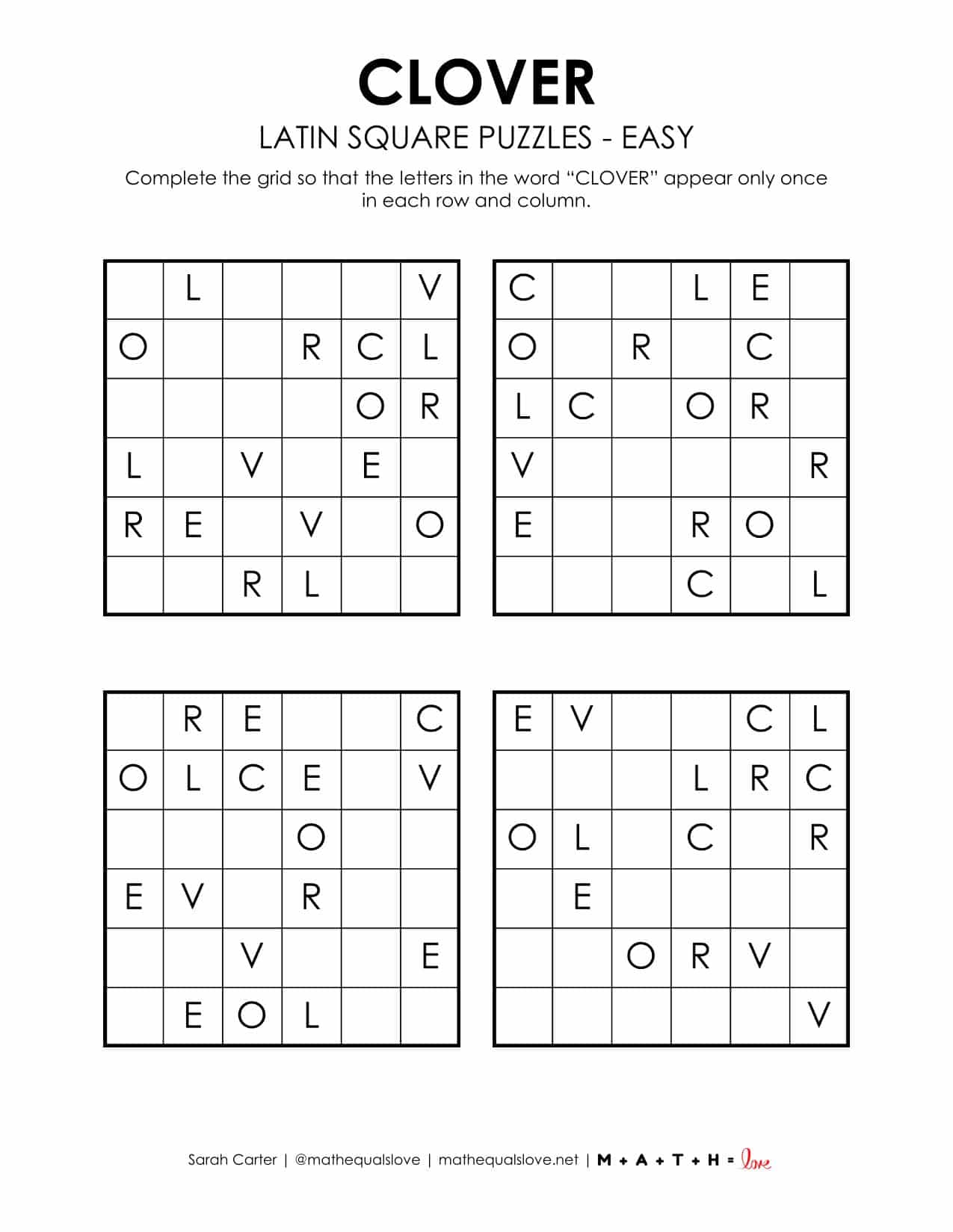 Clover Latin Square Puzzles | Math = Love