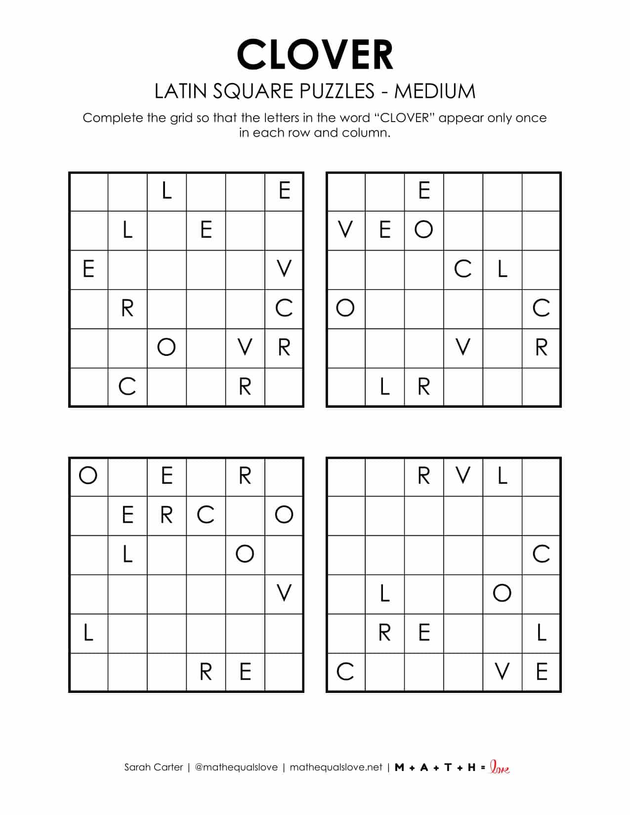 Clover Latin Square Puzzles | Math = Love