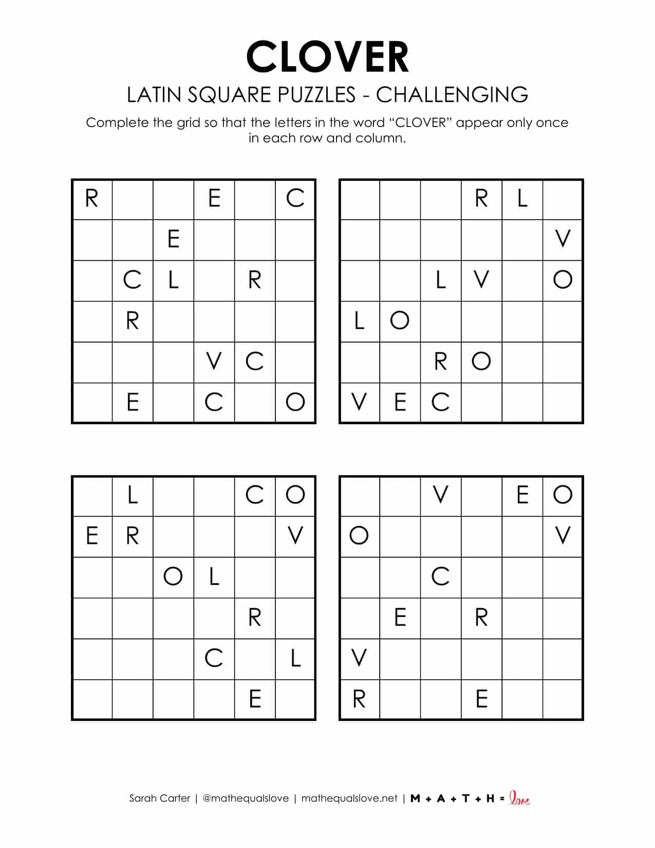 Clover Latin Square Puzzles | Math = Love