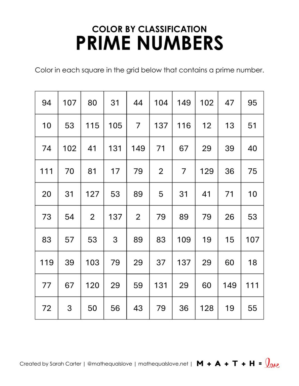 Prime Numbers Worksheet (FREE PDF)