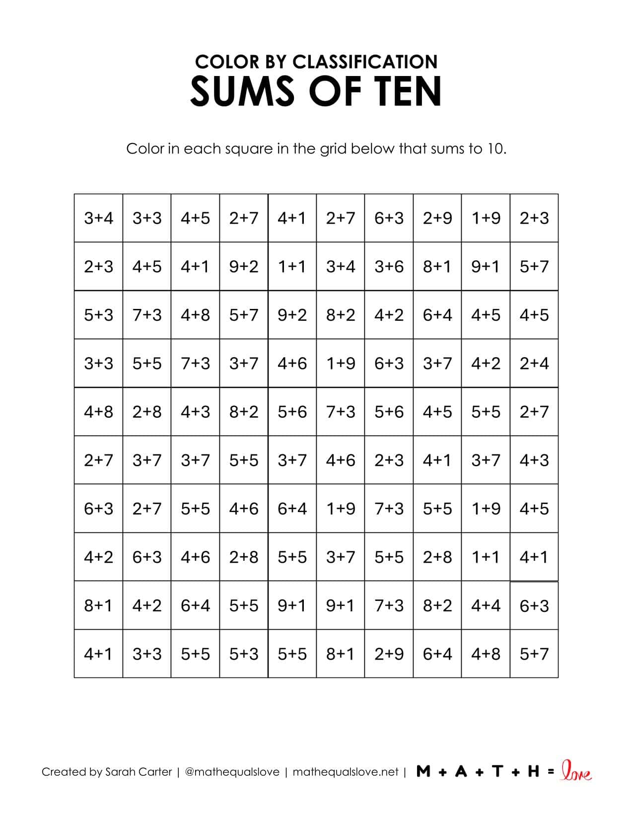 Sums of 10 Worksheet (Free PDF)