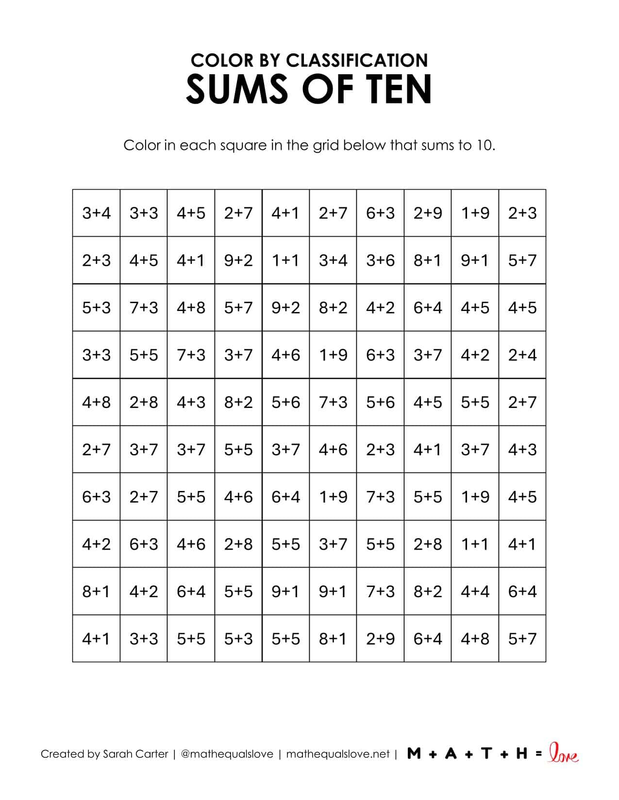 Sums of 10 Worksheet (Free PDF)