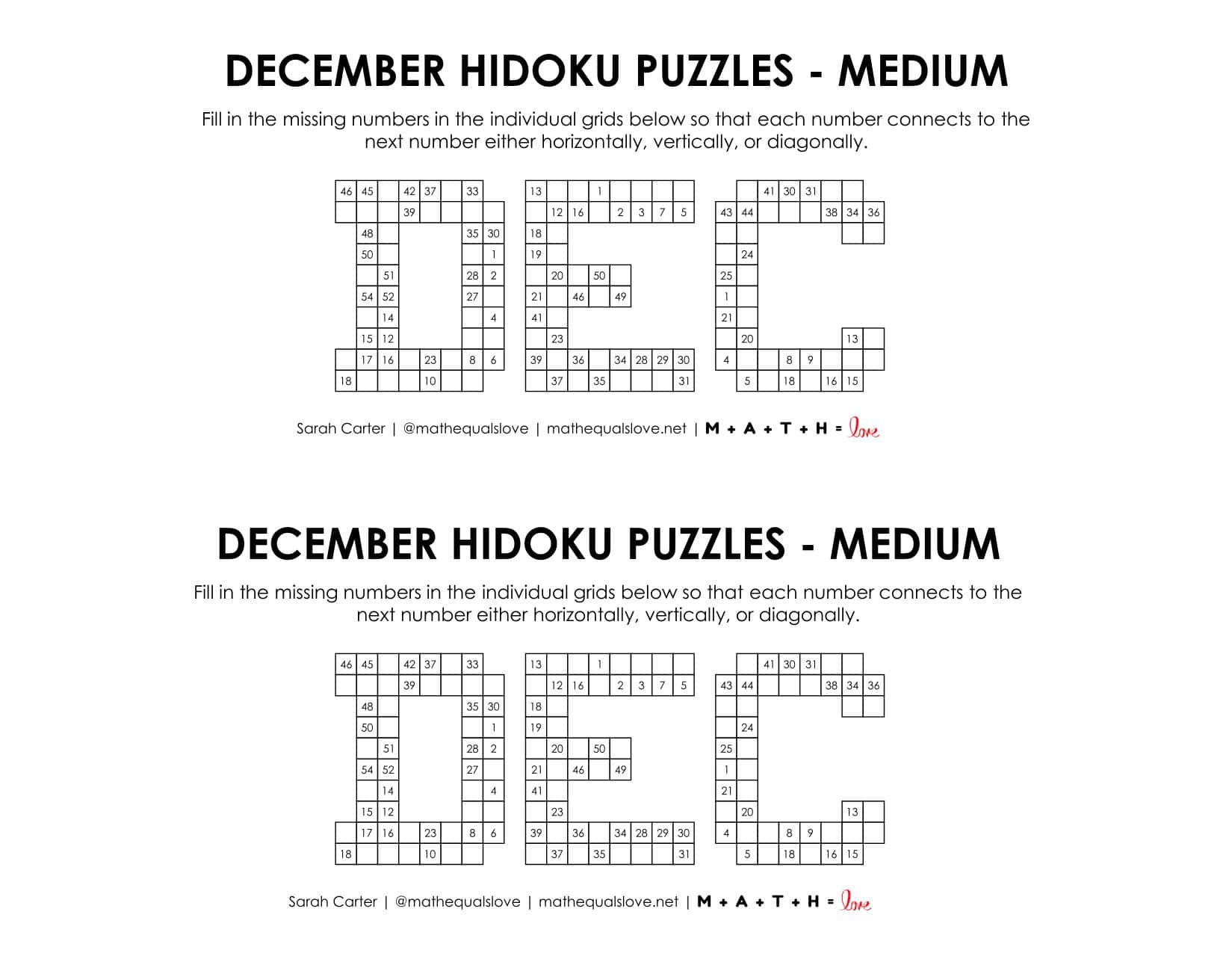 December Hidoku Puzzles | Math = Love