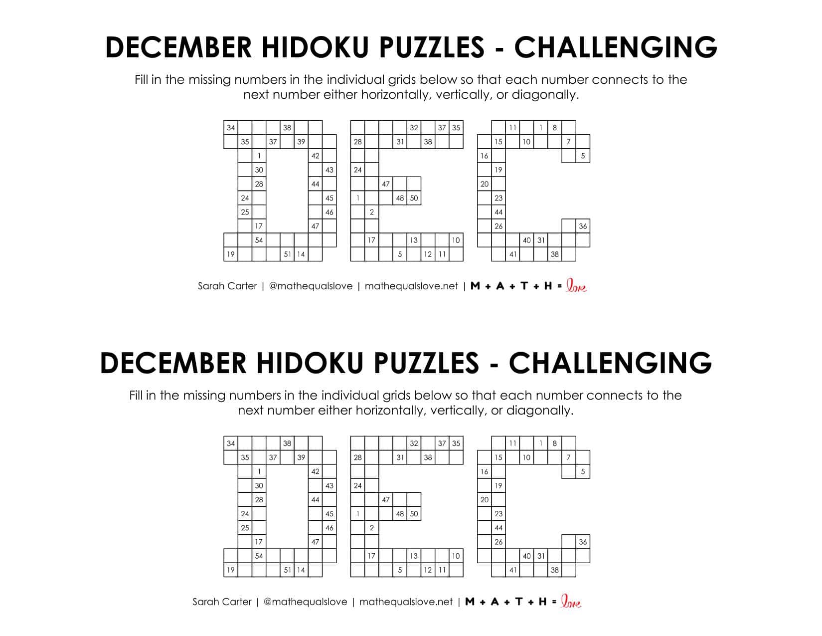 December Hidoku Puzzles | Math = Love
