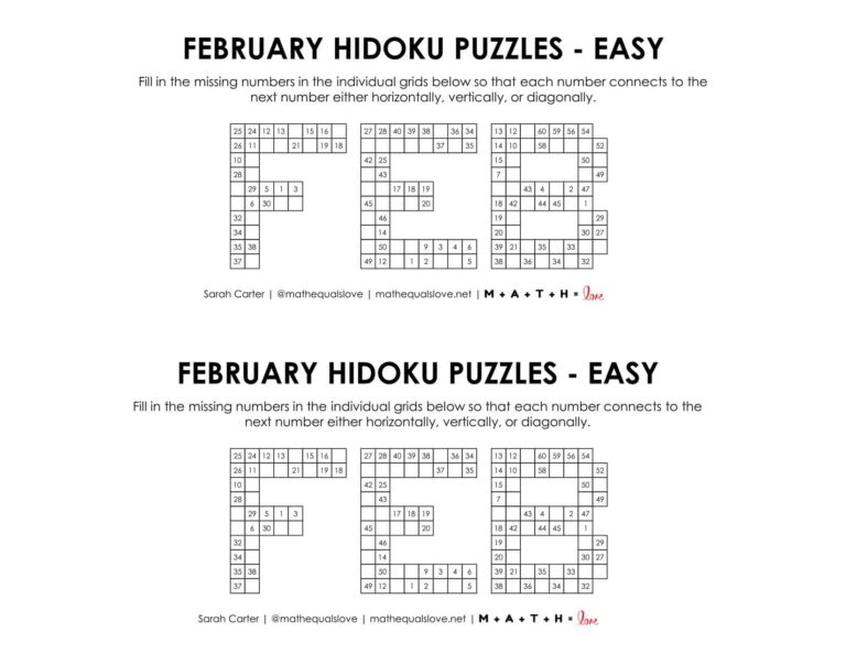 February Hidoku Puzzles | Math = Love