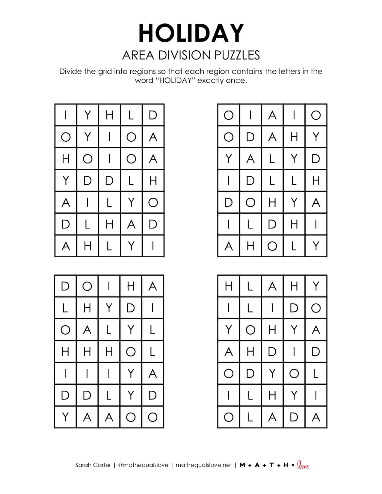 Happy Holidays Area Division Logic Puzzles | Math = Love