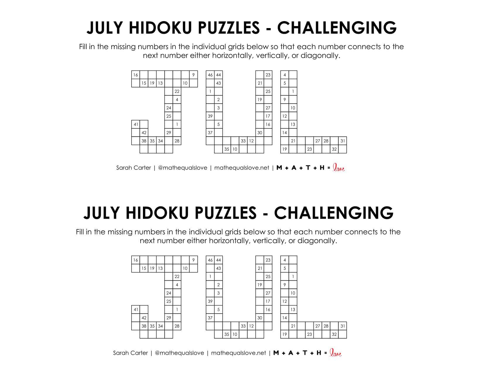 July Hidoku Logic Puzzles (Free PDF)
