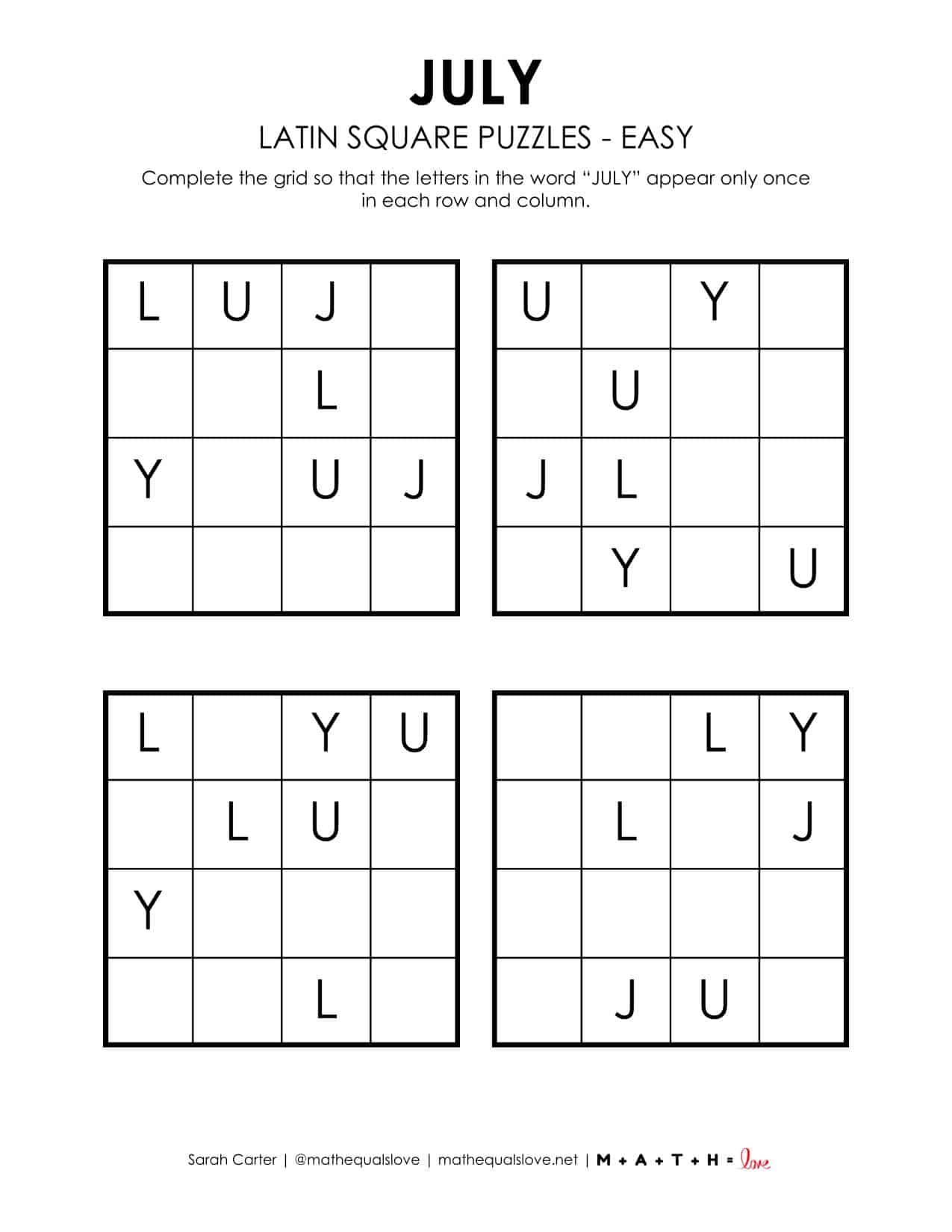 July Latin Square Puzzles (Free PDF)