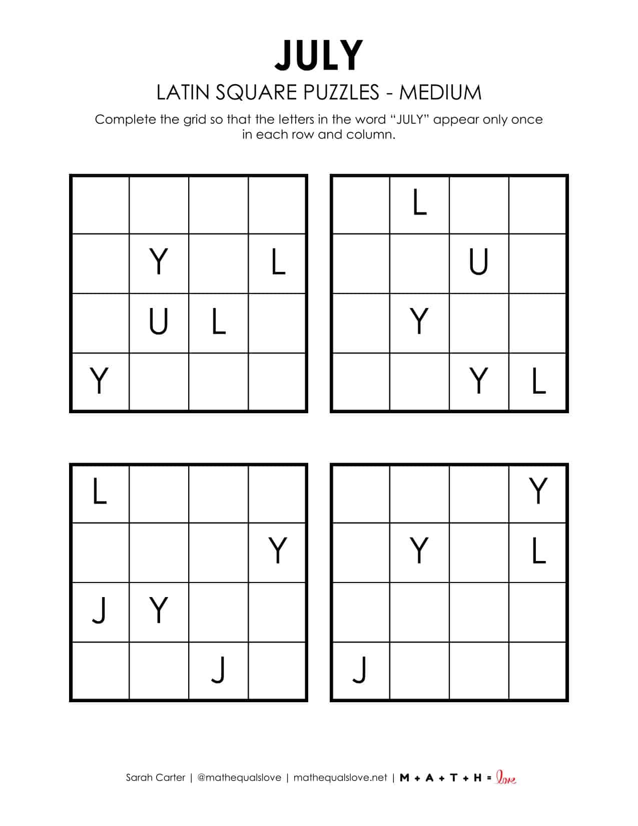 July Latin Square Puzzles (Free PDF)