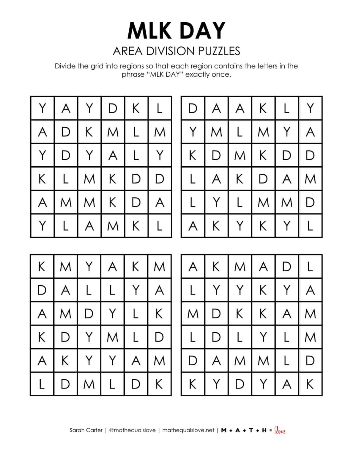 MLK Day Area Division Logic Puzzles | Math = Love