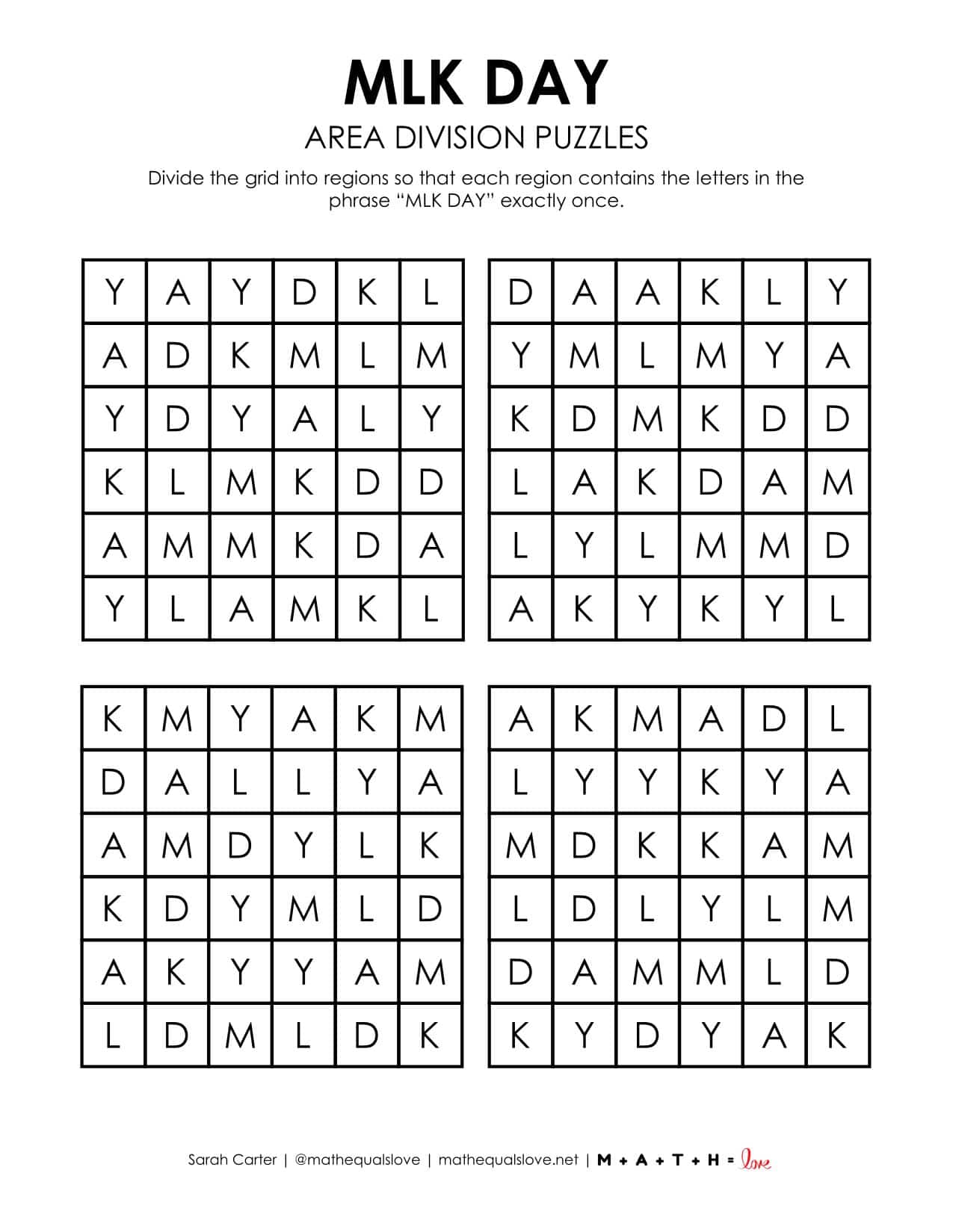 MLK Day Area Division Logic Puzzles | Math = Love