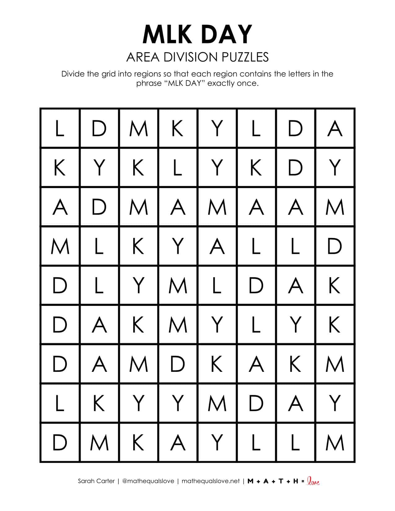 MLK Day Area Division Logic Puzzles | Math = Love