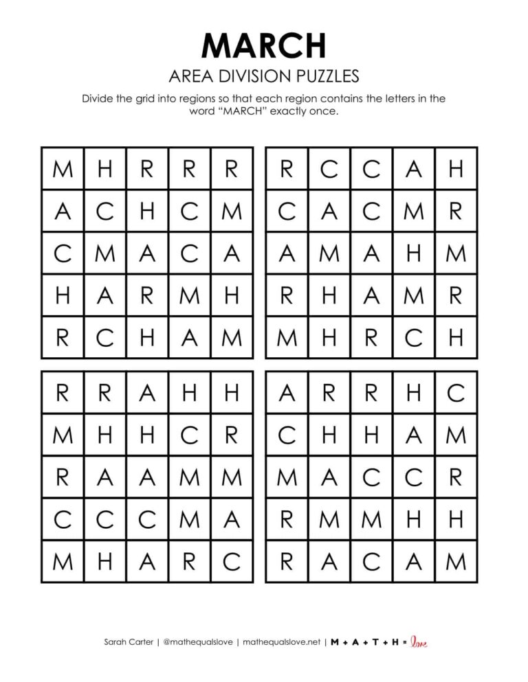 March Area Division Logic Puzzles | Math = Love