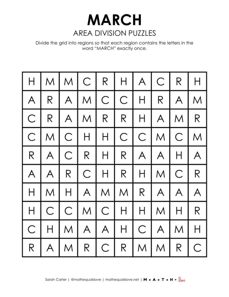 March Area Division Logic Puzzles | Math = Love