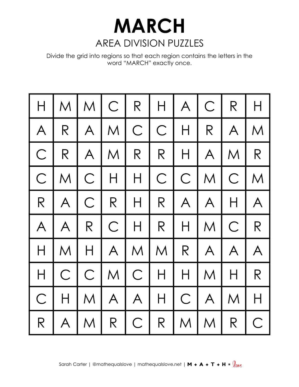 March Area Division Logic Puzzles | Math = Love