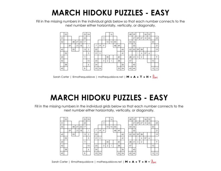 March Hidoku Puzzles | Math = Love