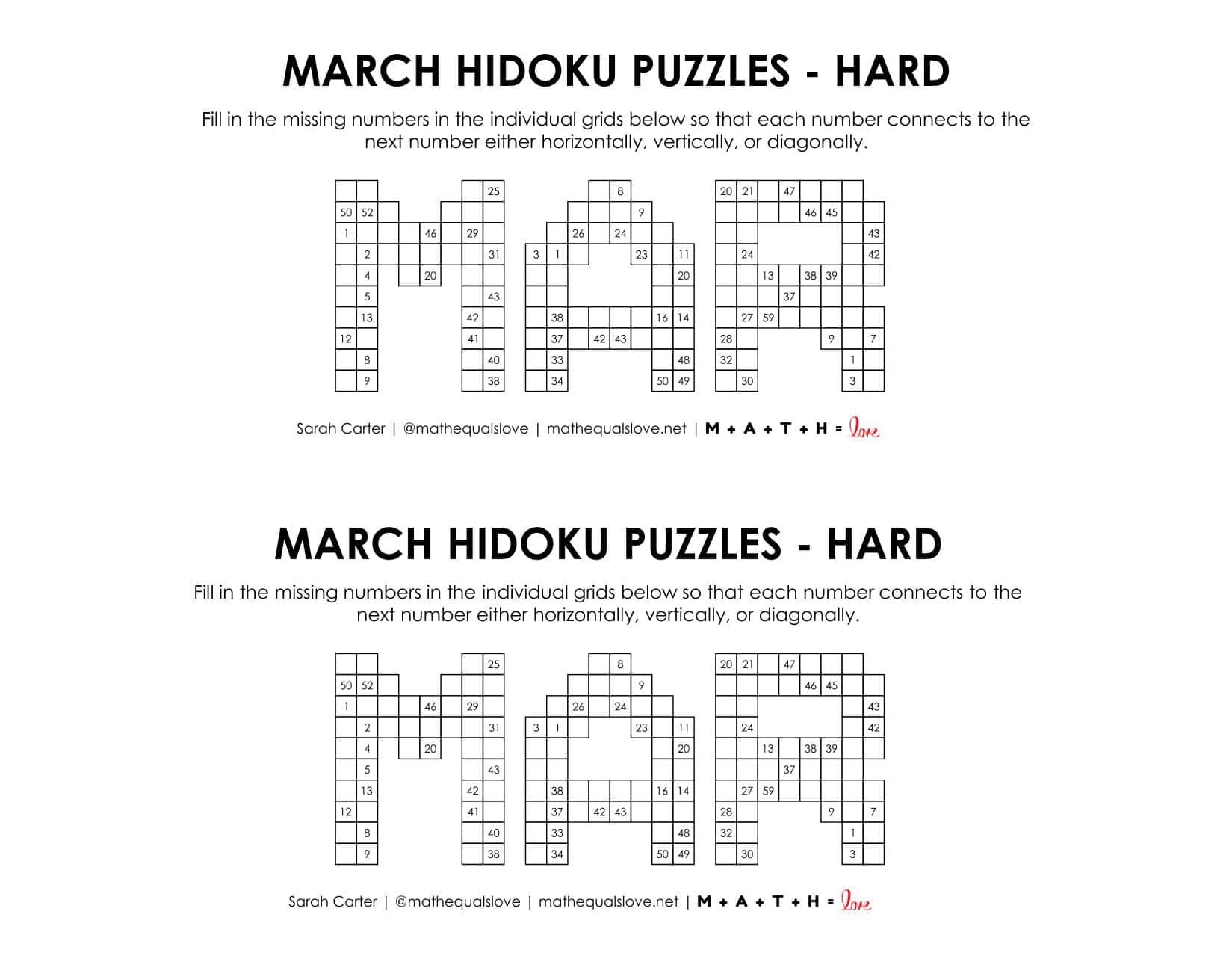 March Hidoku Puzzles | Math = Love
