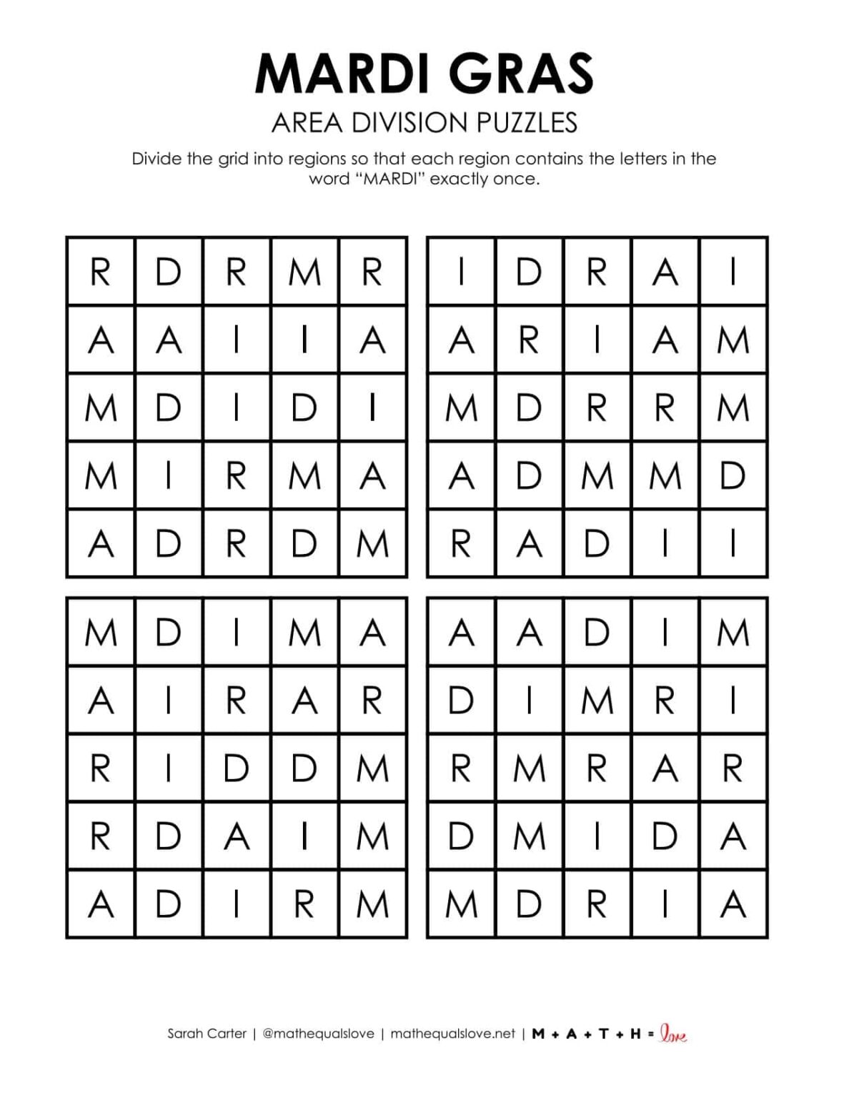 Mardi Gras Area Division Logic Puzzles | Math = Love