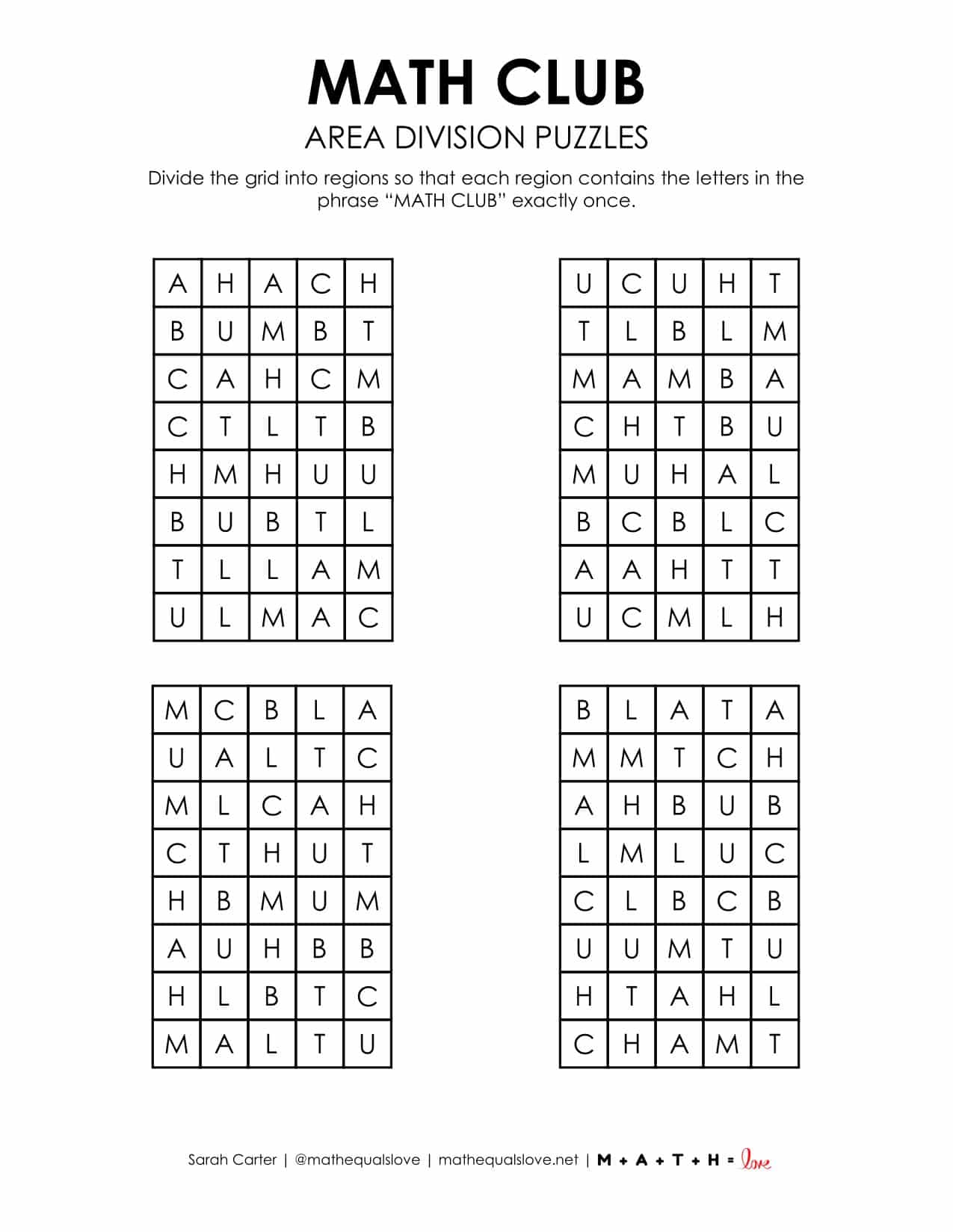 Math Club Area Division Logic Puzzles | Math = Love