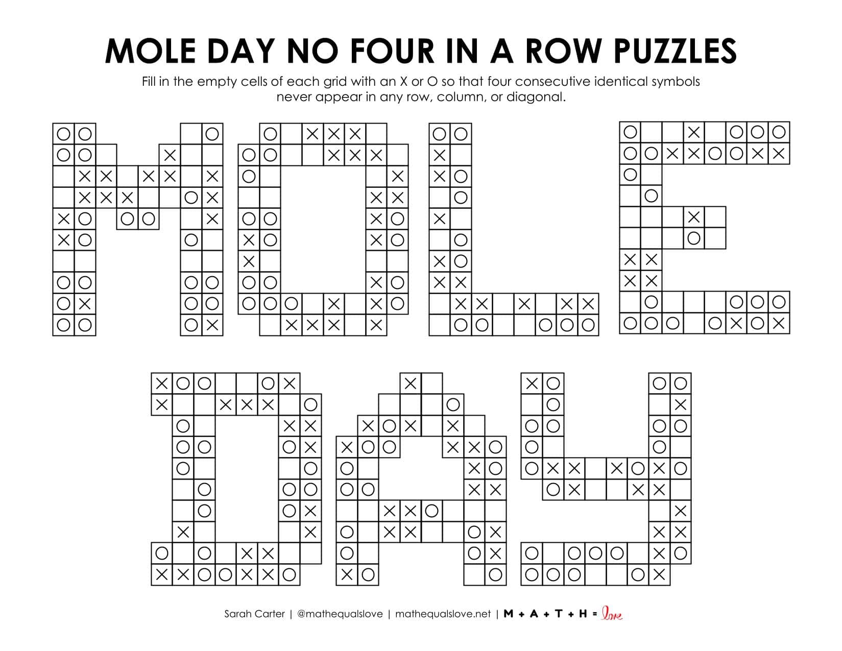 Mole Day No Four in a Row Puzzles | Math = Love