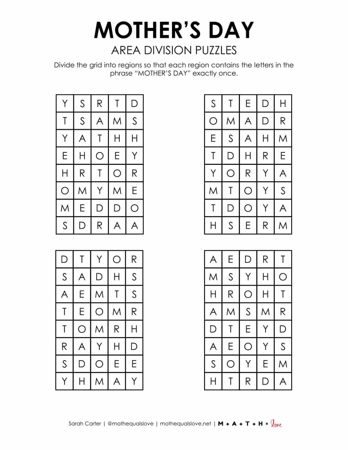 Mother's Day Area Division Logic Puzzles | Math = Love