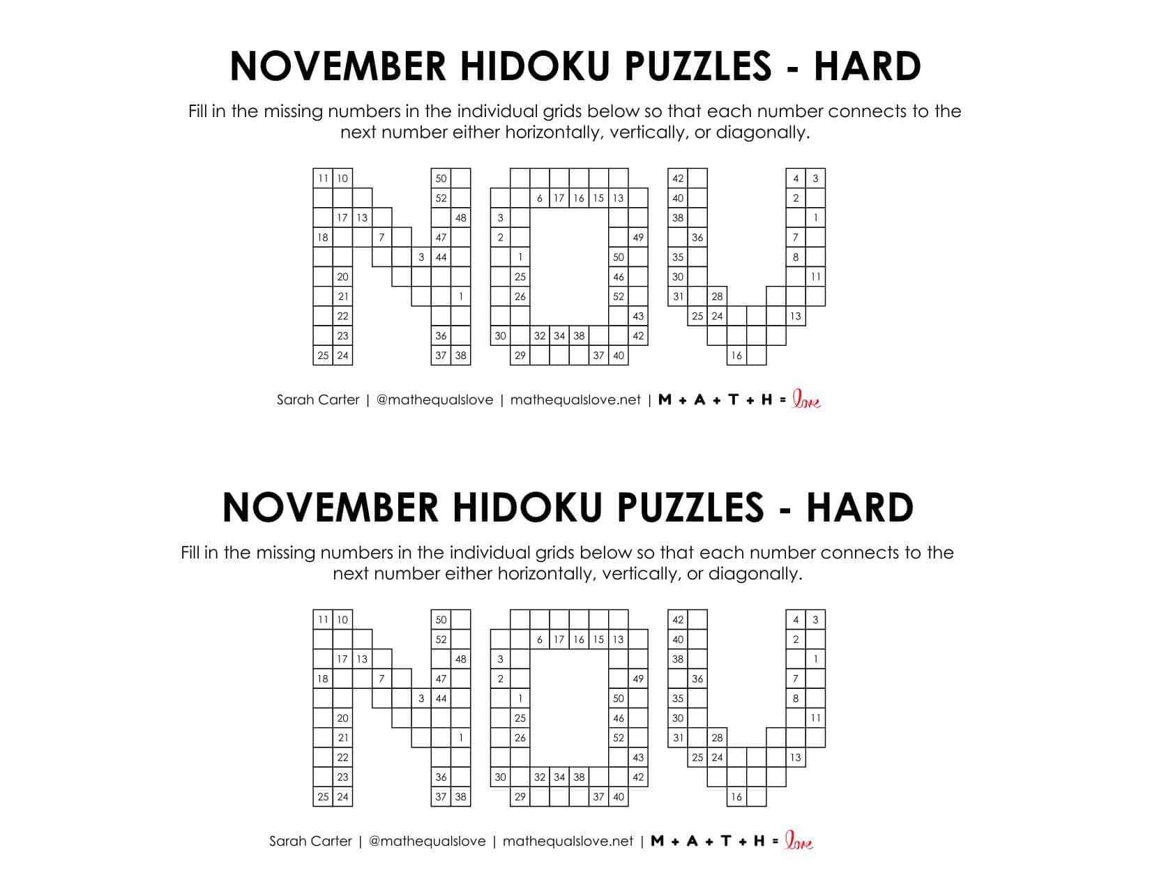 November Hidoku Puzzles | Math = Love