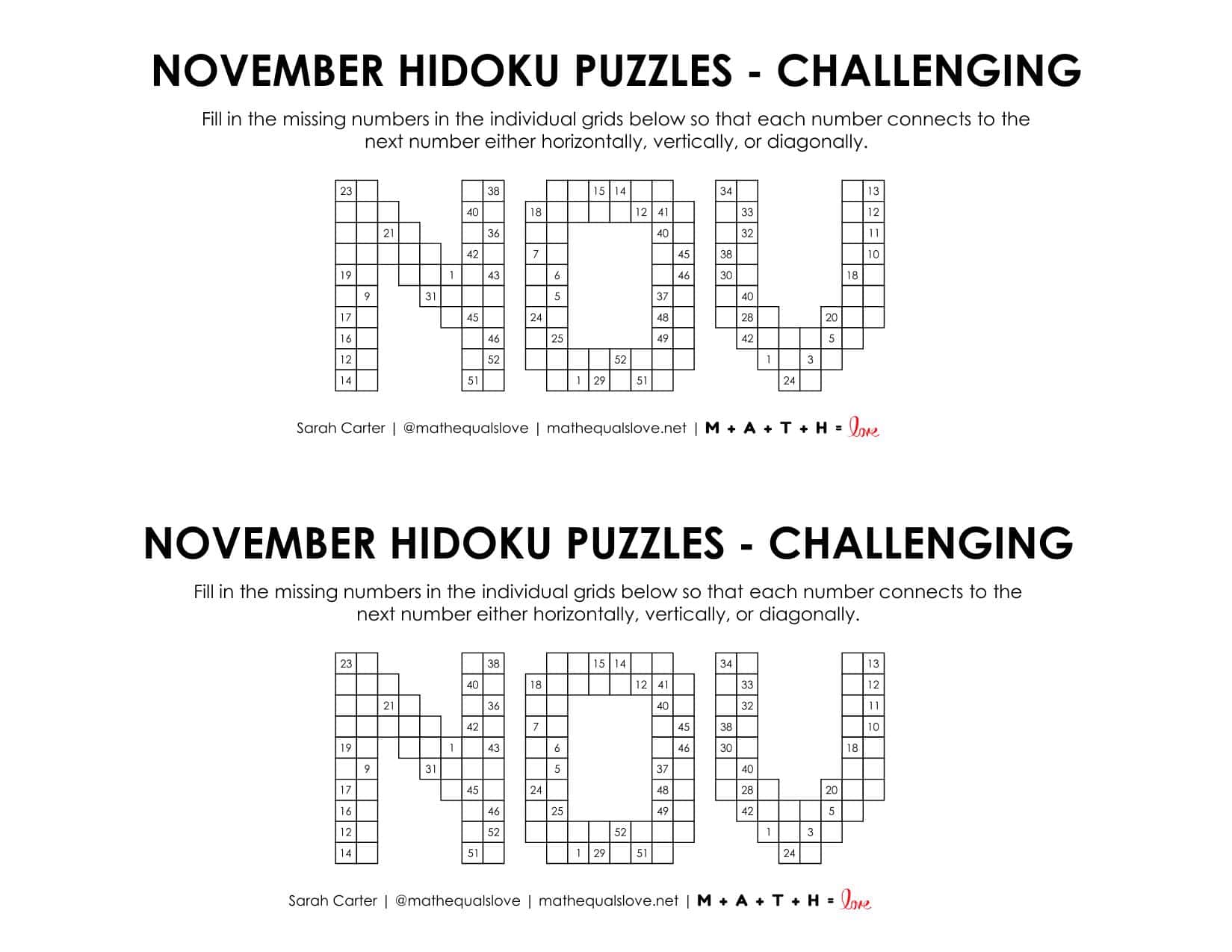 November Hidoku Puzzles | Math = Love