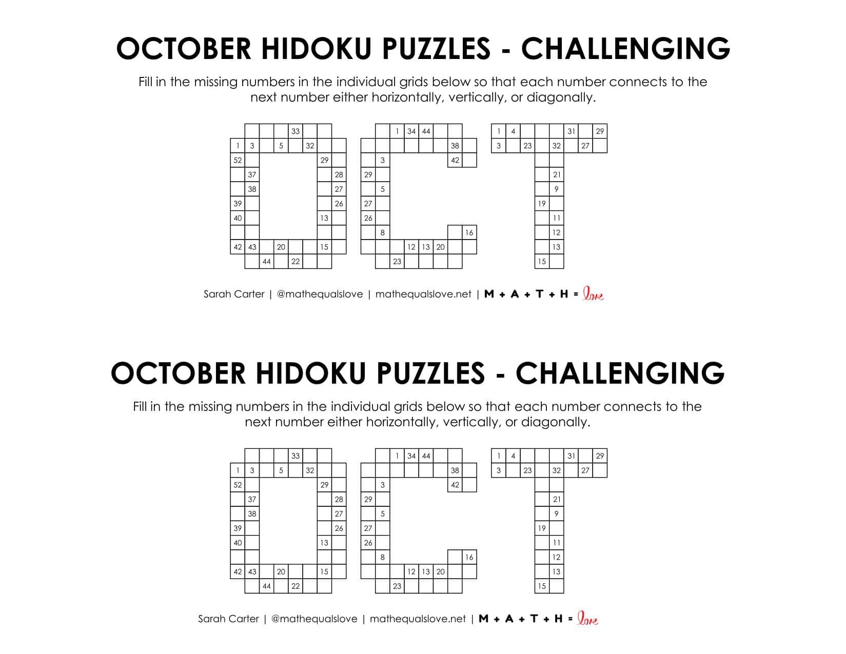 October Hidoku Puzzles | Math = Love
