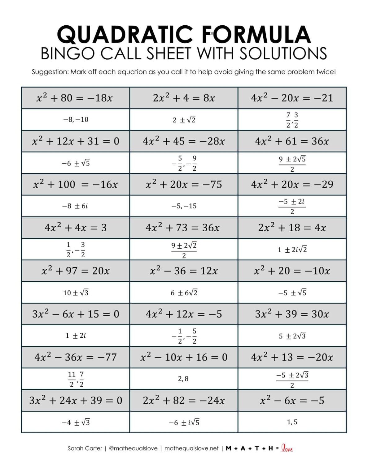 Quadratic Formula Bingo Game Activity (FREE Printable PDF)