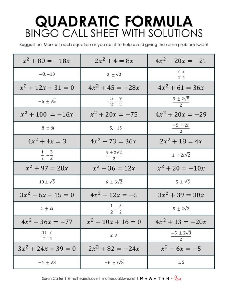 Quadratic Formula Bingo Game Activity (FREE Printable PDF)