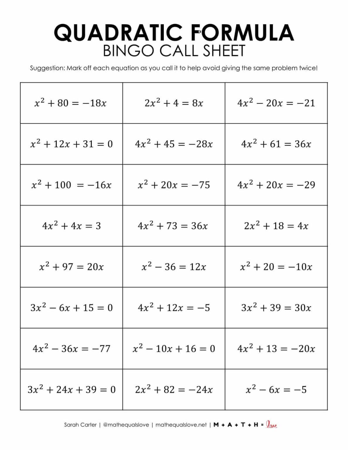 Quadratic Formula Bingo Game Activity (FREE Printable PDF)