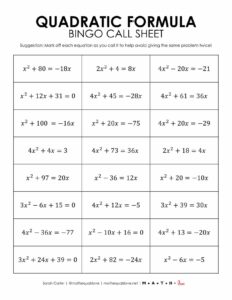 Quadratic Formula Bingo Game Activity (FREE Printable PDF)