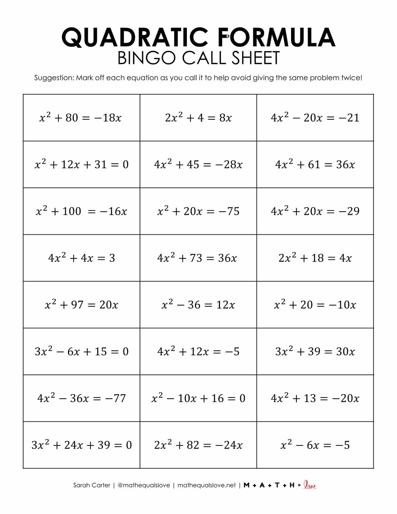 Quadratic Formula Bingo Game Activity (FREE Printable PDF)