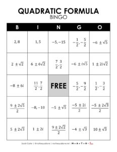 Quadratic Formula Bingo Game Activity (FREE Printable PDF)