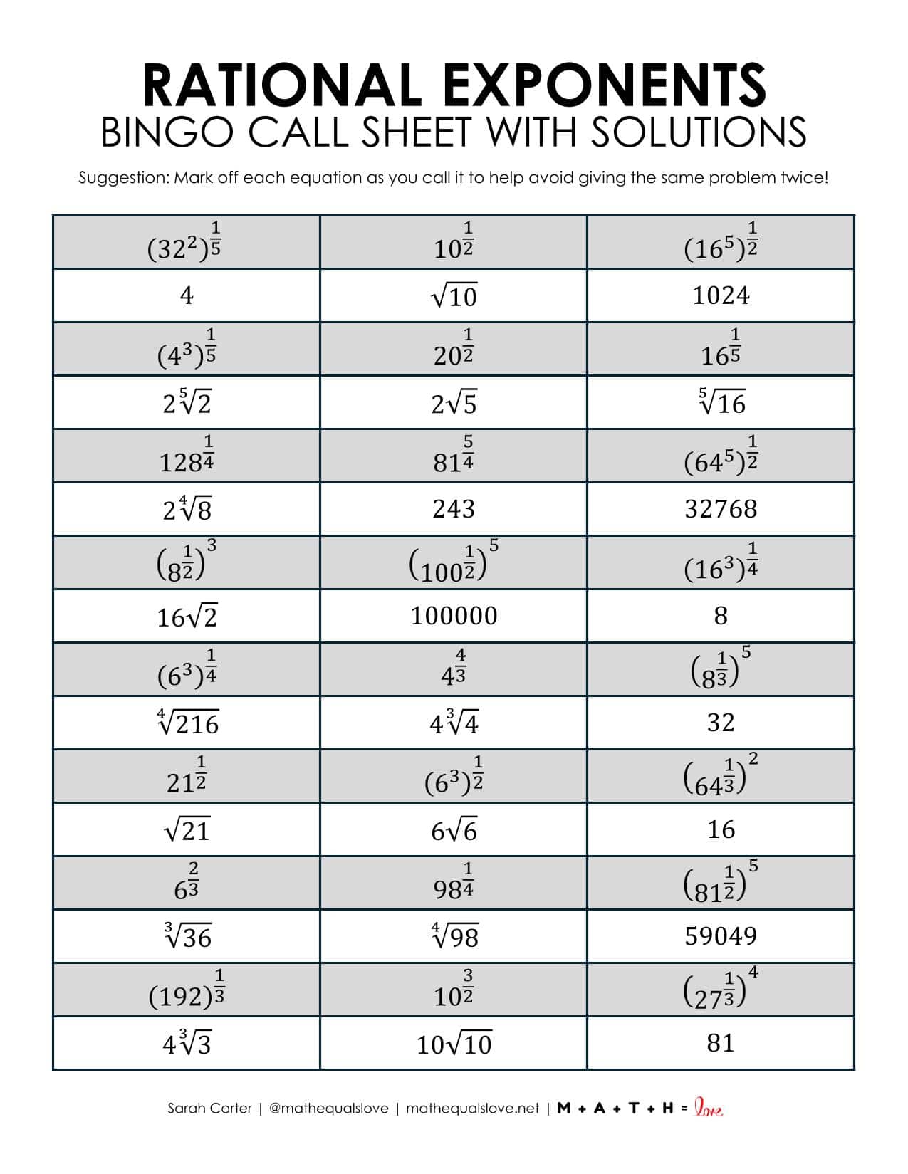Rational Exponents Bingo Game | Math = Love