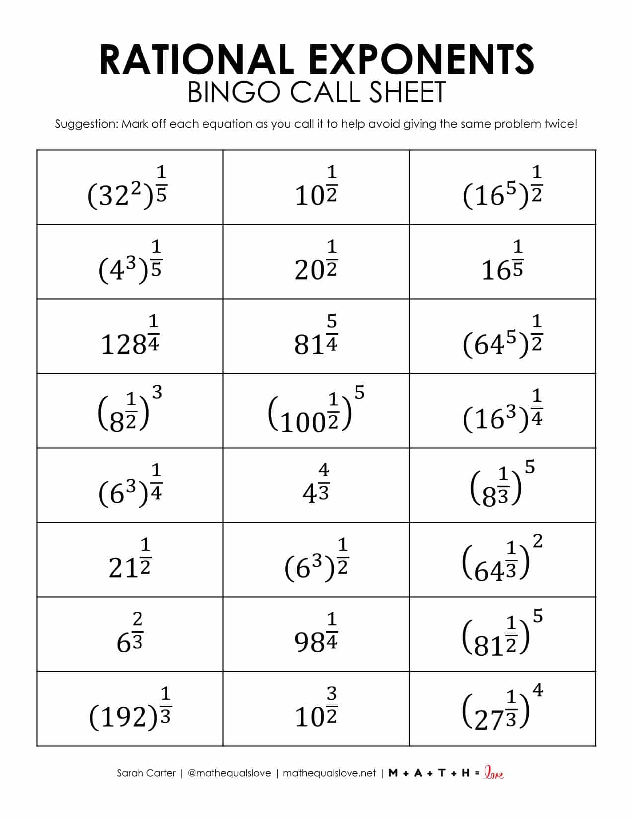 Rational Exponents Bingo Game | Math = Love