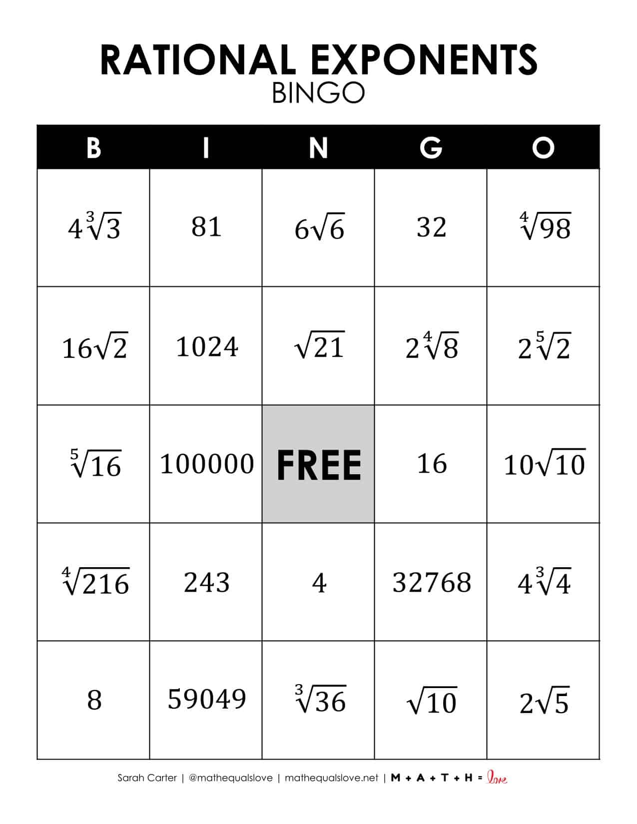 Rational Exponents Bingo Game | Math = Love