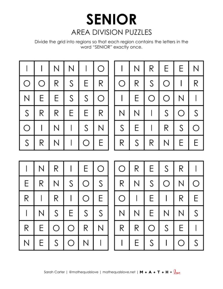 Senior Area Division Logic Puzzles | Math = Love