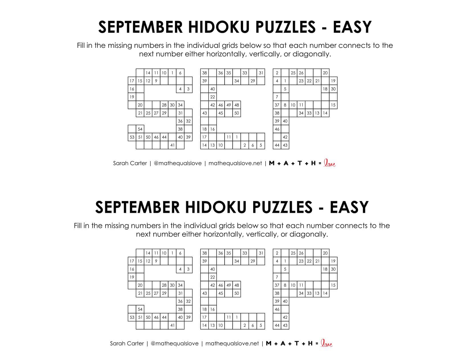 September Hidoku Puzzles | Math = Love