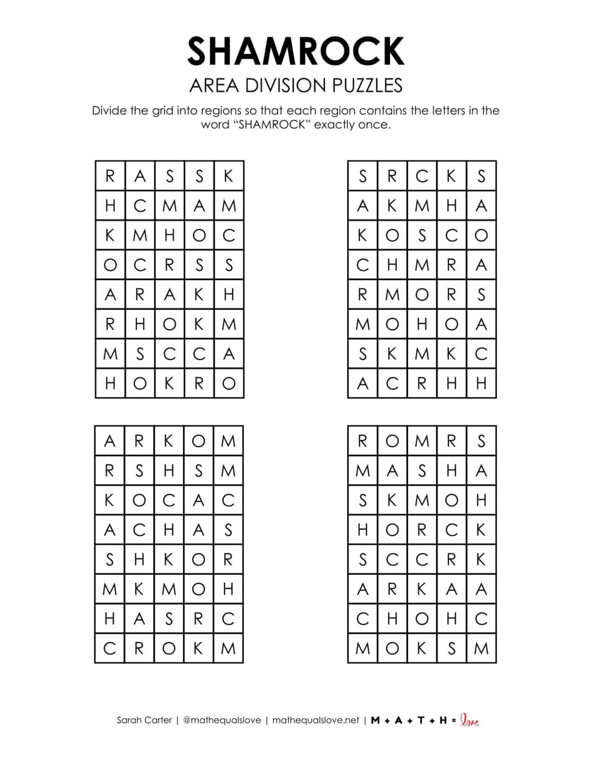 Shamrock Area Division Logic Puzzles | Math = Love