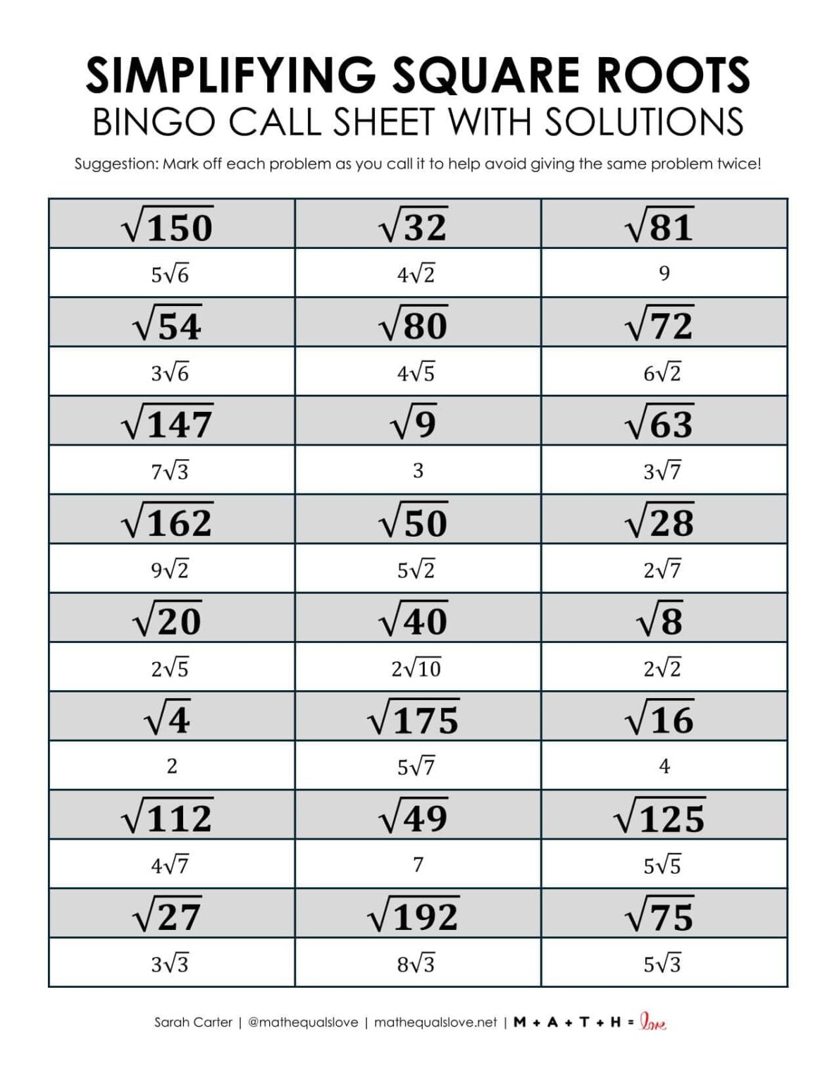 Simplifying Square Roots Bingo Game (Free PDF)