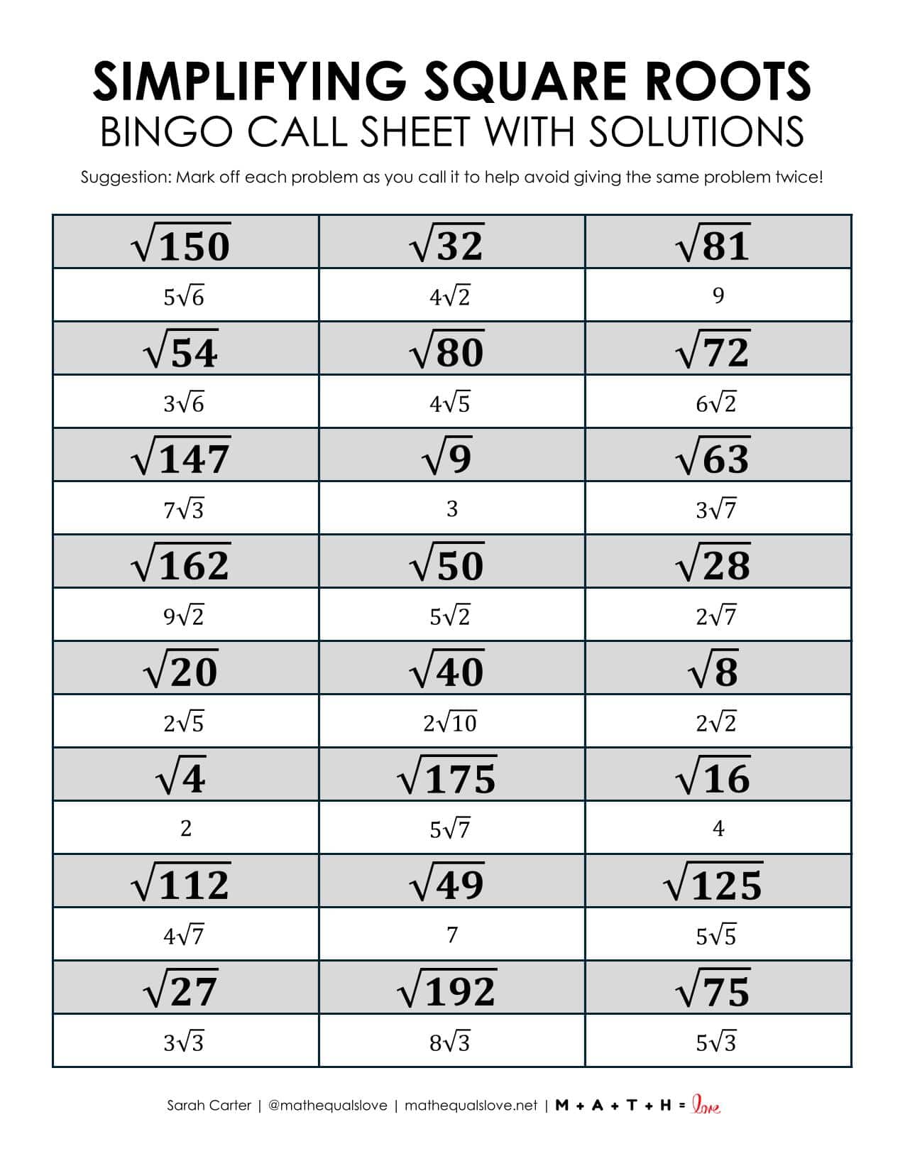 Simplifying Square Roots Bingo Game (Free PDF)