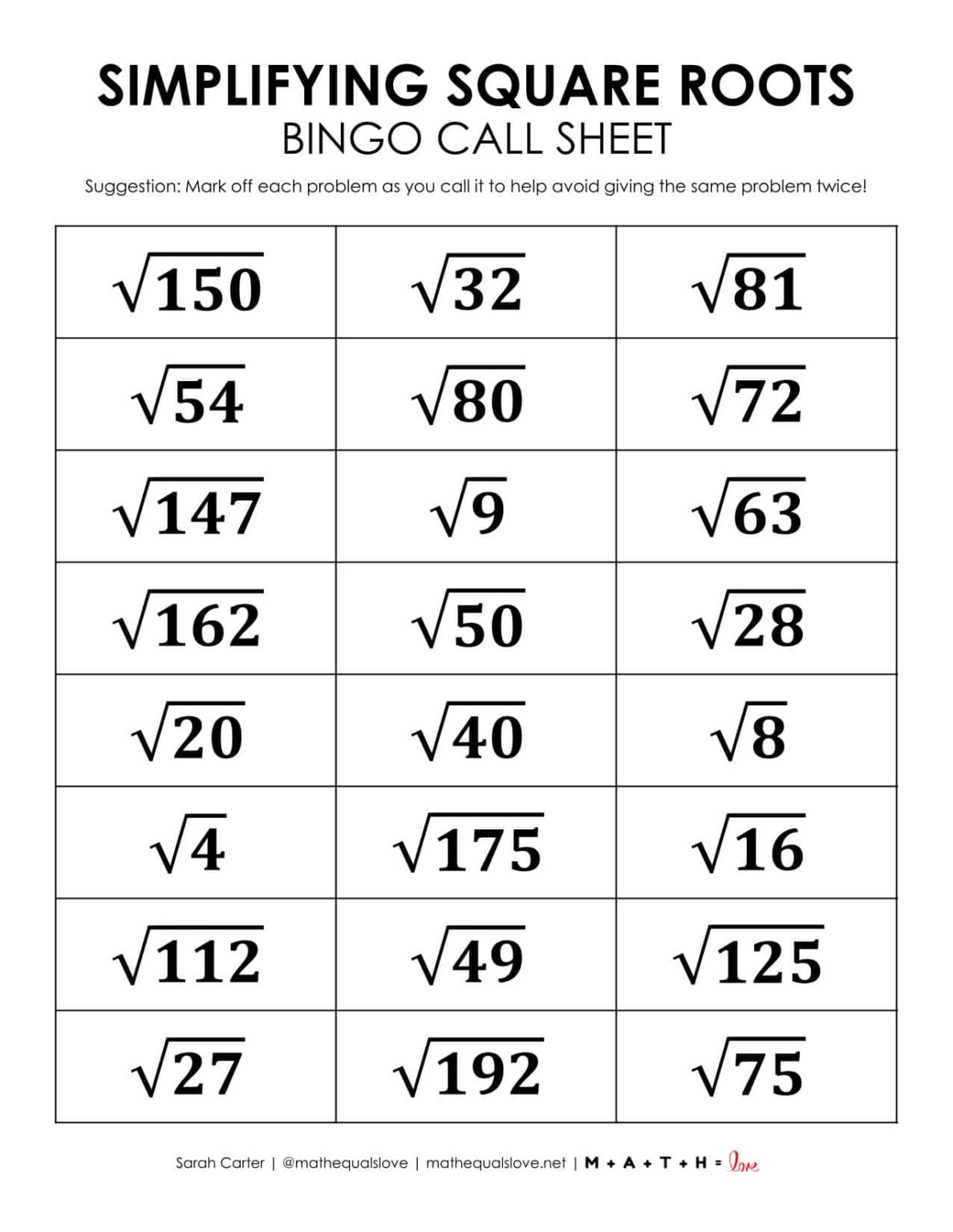 Simplifying Square Roots Bingo Game (Free PDF)
