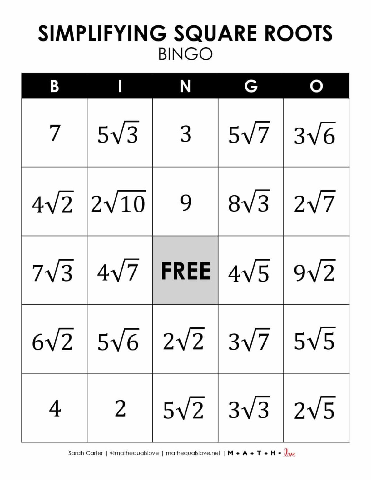 Simplifying Square Roots Bingo Game (Free PDF)