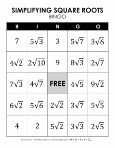 Simplifying Square Roots Bingo Game (Free PDF)