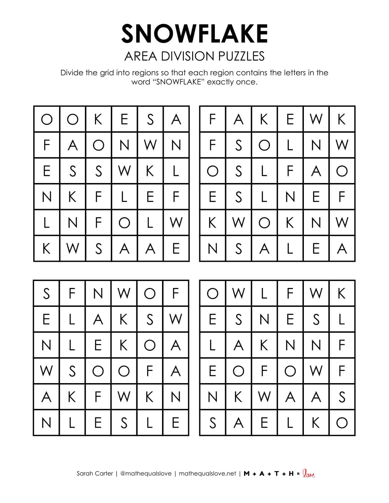 Snowflake Area Division Logic Puzzles | Math = Love