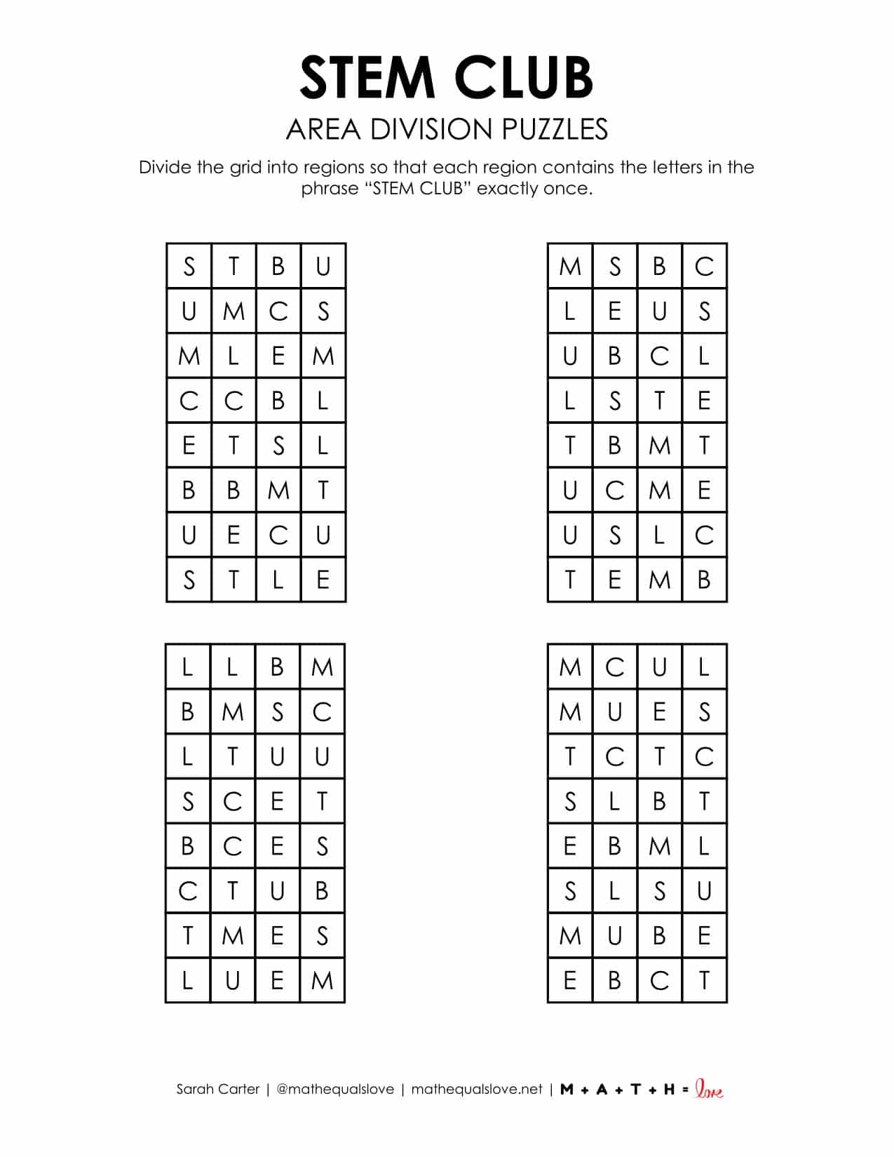 STEM Club Area Division Logic Puzzles | Math = Love