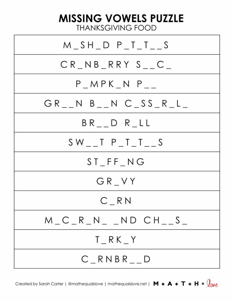 Thanksgiving Foods Missing Vowels Puzzle | Math = Love